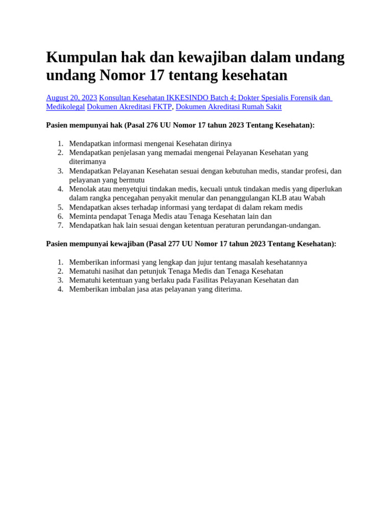 Kumpulan Hak Dan Kewajiban Dalam Undang Undang Nomor 17 Tentang Kesehatan | PDF