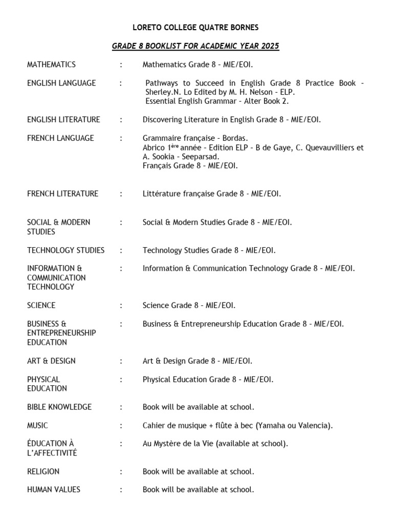 Grade 8 Booklist for 2025 | PDF