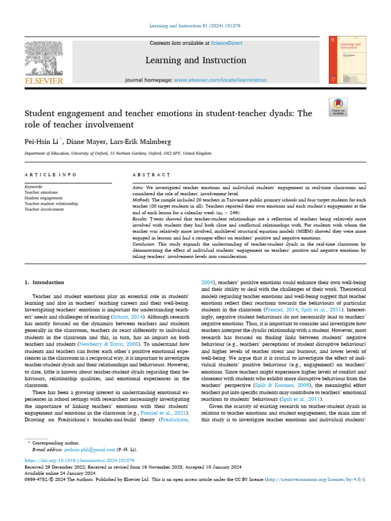 Student Engagement and Teacher Emotions in Student-Teacher Dyads: The ...