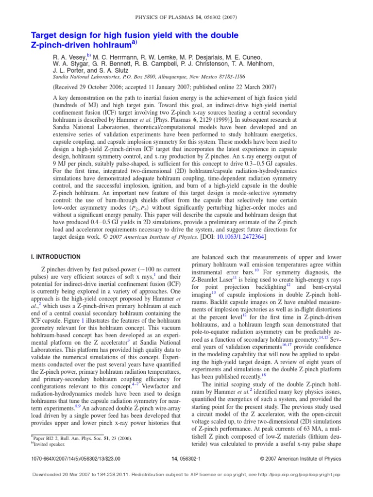 R. A. Vesey Et Al - Target Design For High Fusion Yield With The Double ...