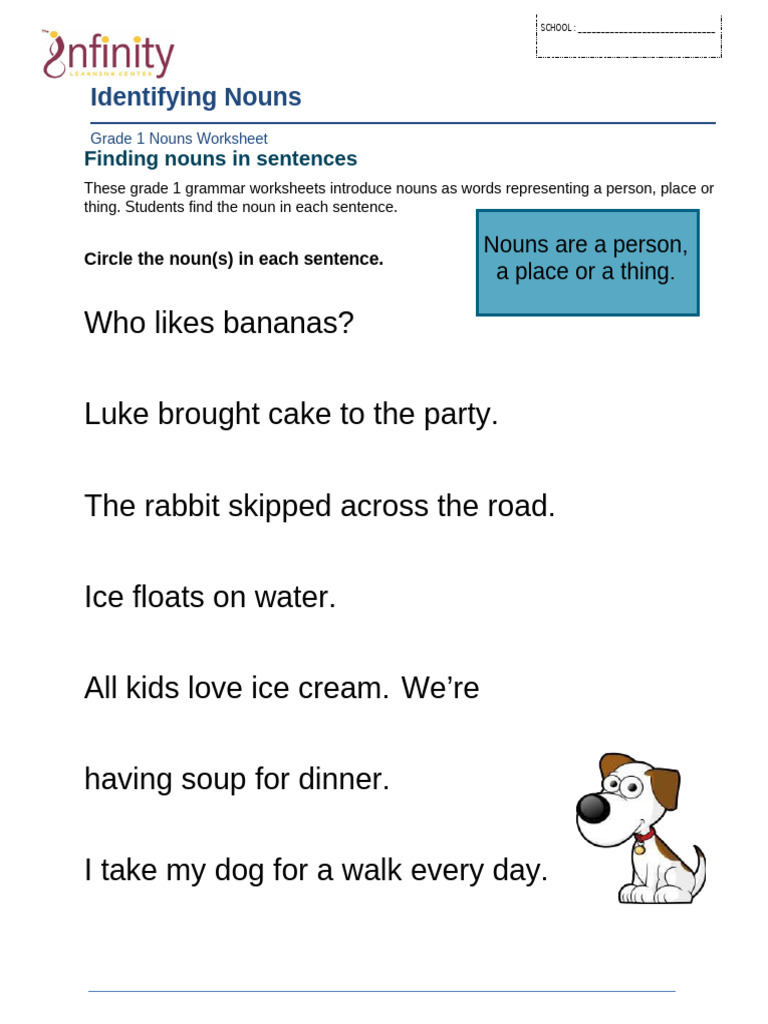 Grade 1 Nouns Identification Worksheet | PDF