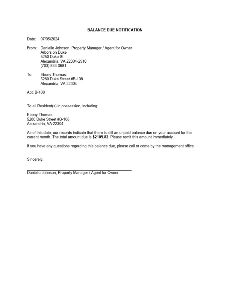 Unpaid Balance Notification - $2105.82 | PDF