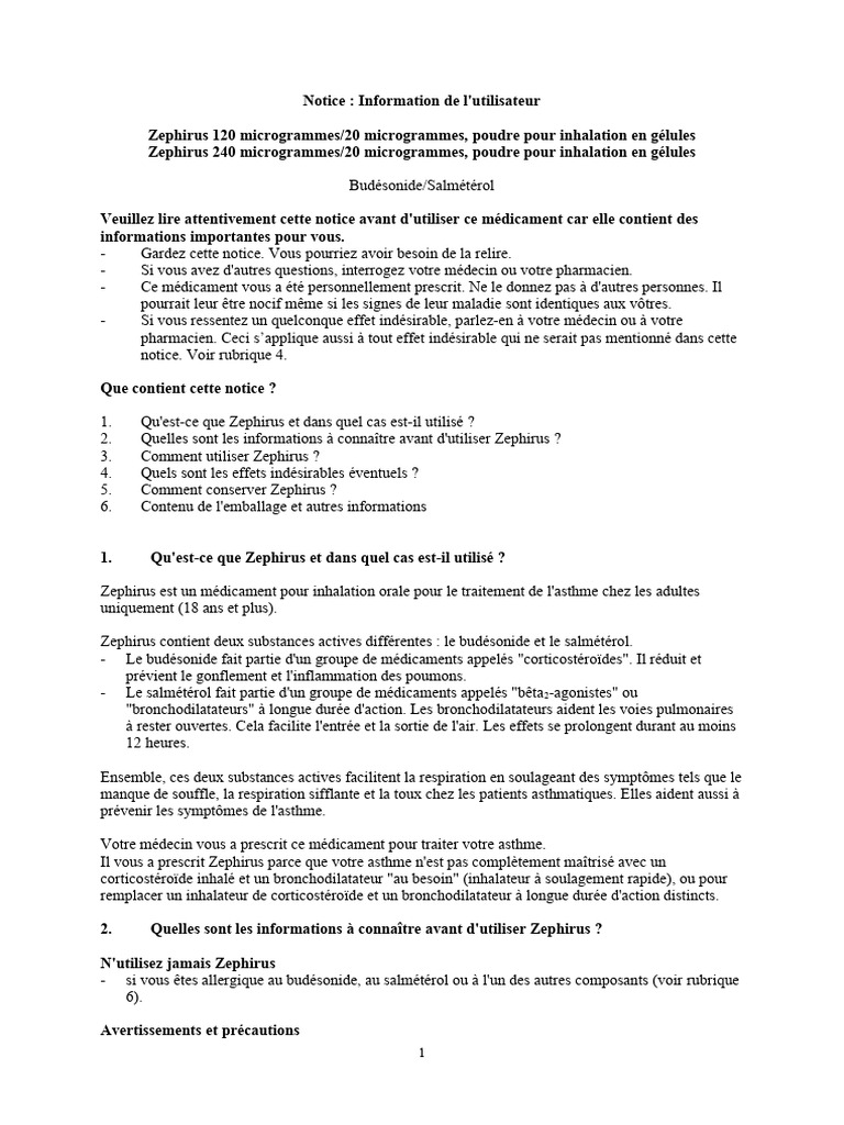 Notice d'utilisation de Zephirus 120/240 µg | PDF | Asthme | Corticoïde