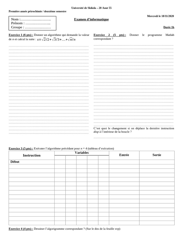 Examen Informatique s2 2020 | PDF