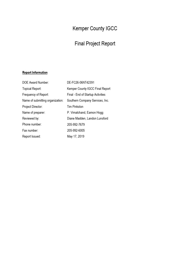 Kemper County IGCC Final Project Report | PDF | Gasification | Coal