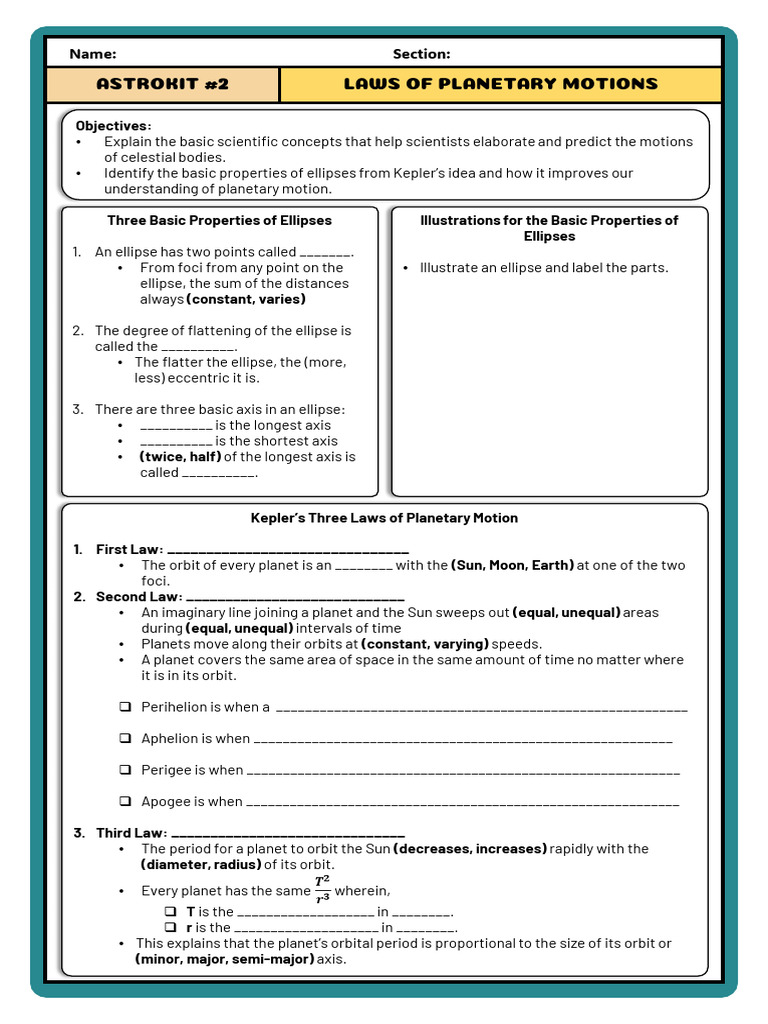 AstroKit Activity Sheet 2 Laws of Planetary Motion | PDF | Apsis | Orbit