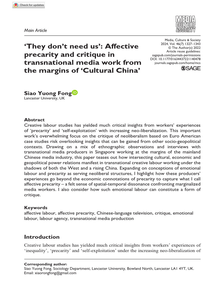 Fong 2022 They Don T Need Us Affective Precarity and Critique in ...