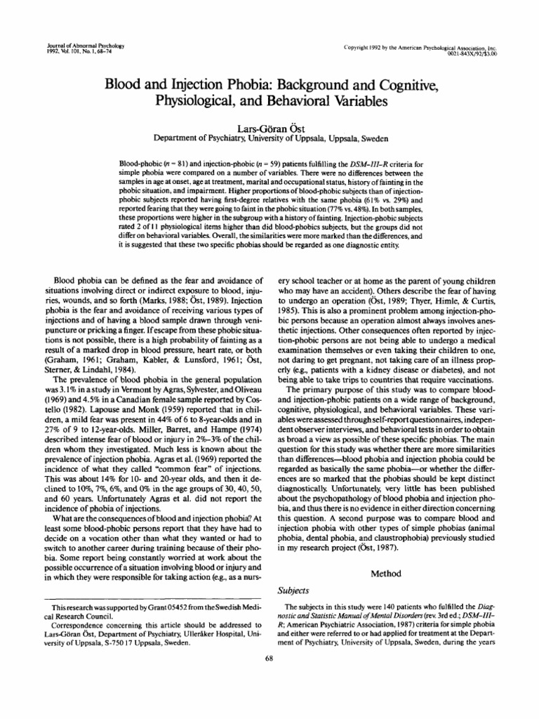 Ost (1992) Blood and Injection Phobia | PDF | Phobia | Diagnostic And ...