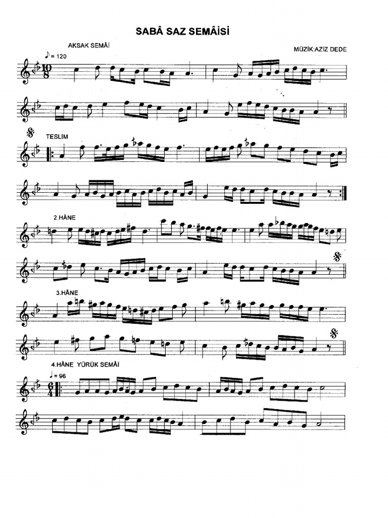 Saz Semaisi - Aziz Dede (Neyzen) - Saba - v1 | PDF