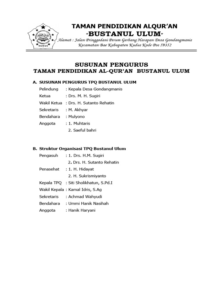 Susunan Pengurus TPQ | PDF