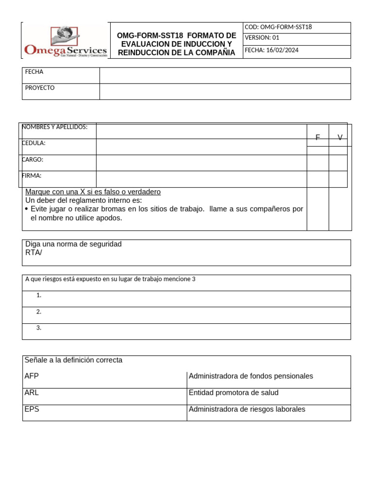 Omg-Form-Sst18 Formato de Evaluacion de Induccion y Reinduccion de La ...