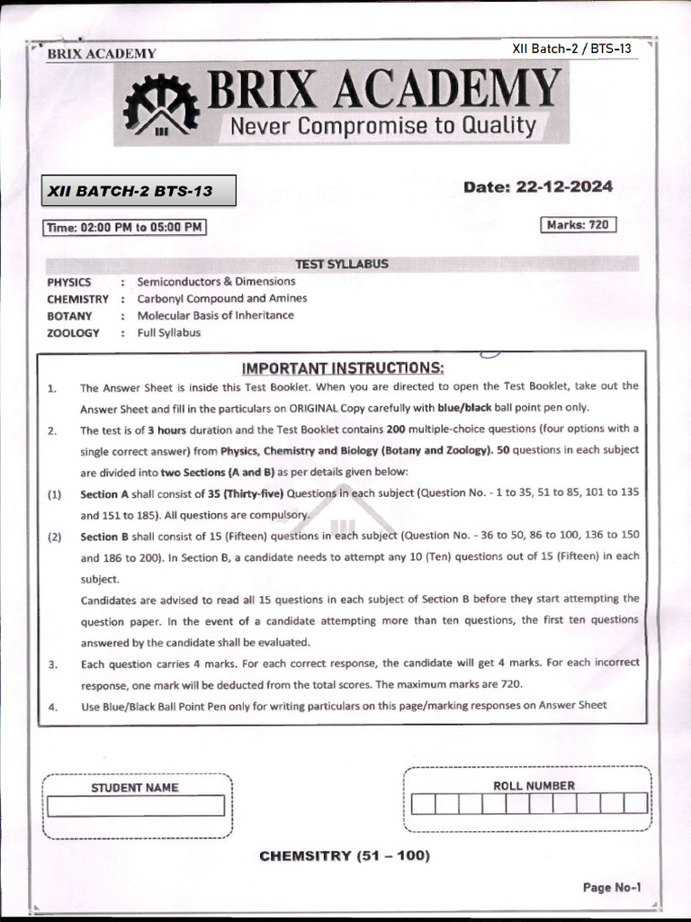 Chemistry Solution Xii Batch-2 Bts-13 Date 22-12-2024 | PDF