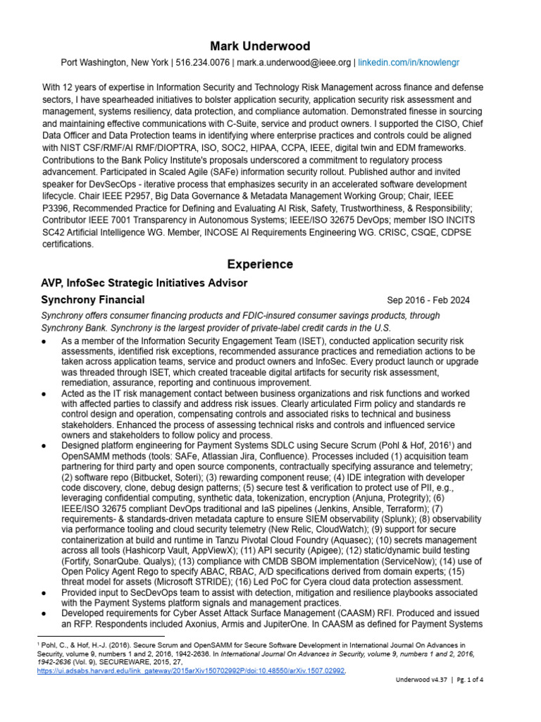 Mark Underwood Resume | PDF | Computer Security | Security