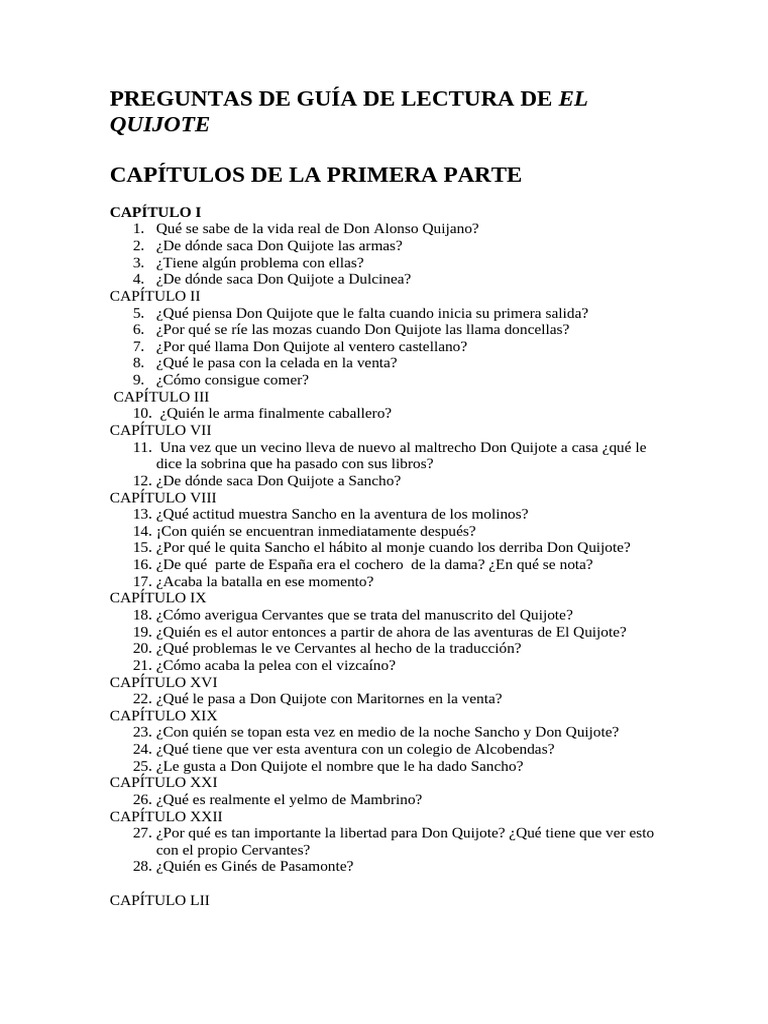 Preguntas Sobre Los Capítulos de El Quijote | PDF | Don Quijote ...