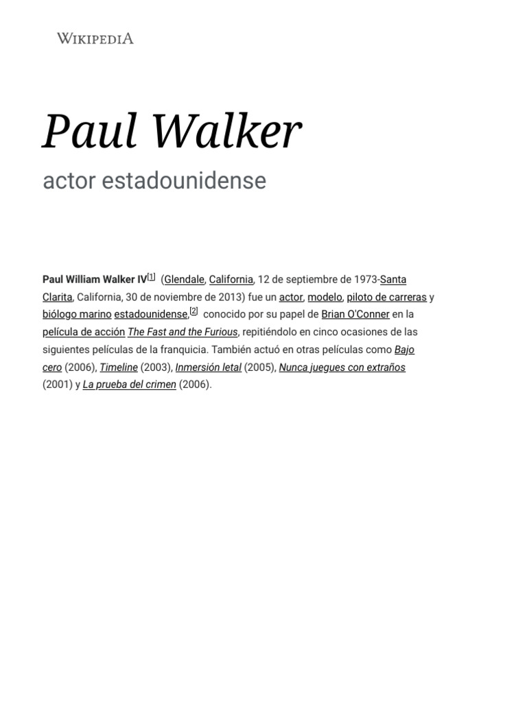 Paul Walker - Wikipedia, La Enciclopedia Libre | PDF