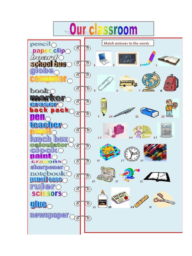 classroom objects match with the pictures | PDF