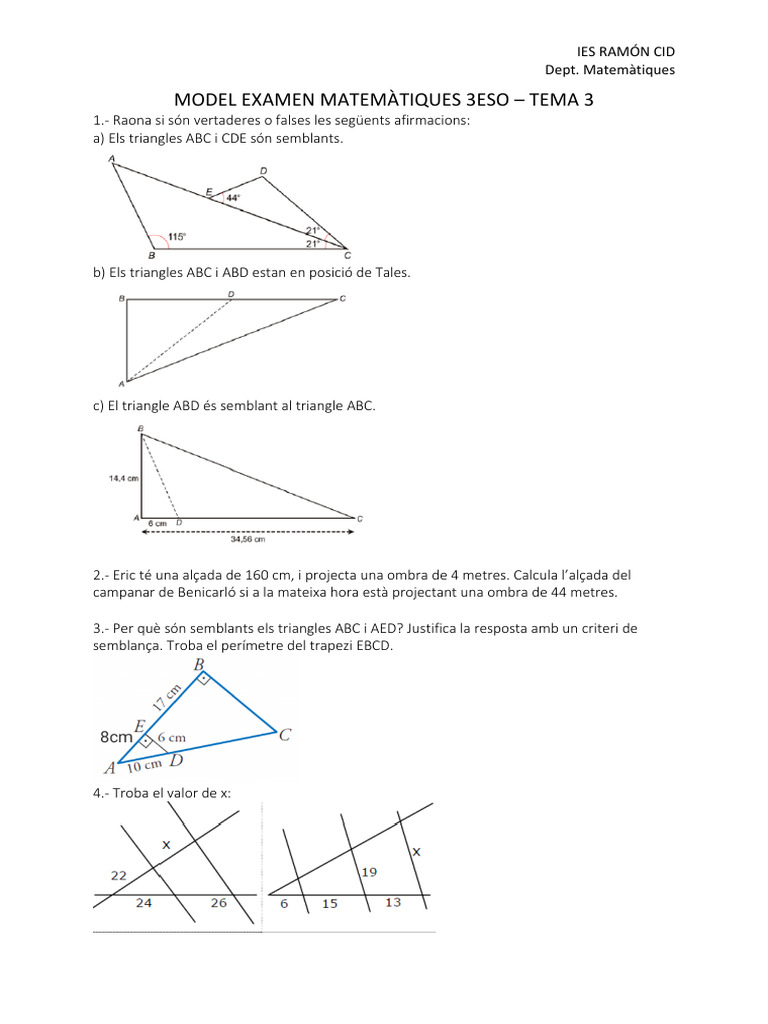 Model Examen Matemàtiques 3eso - Tema 3 | PDF