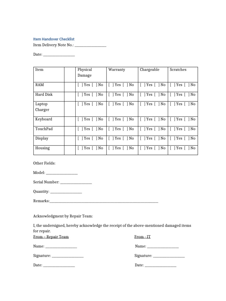 Item Handover Checklist v2 | PDF