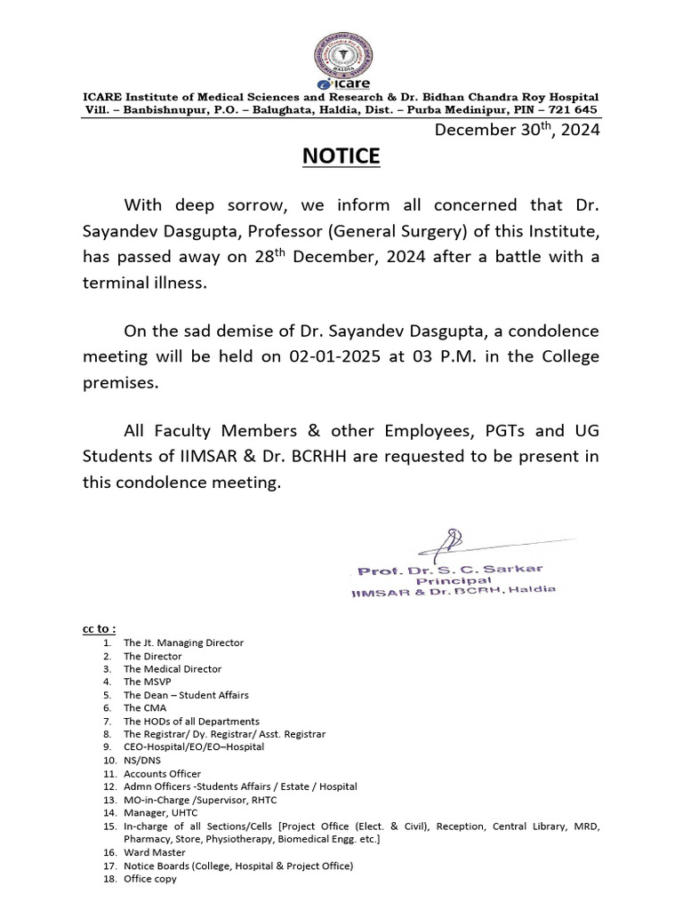 NOTICE For Condolence Meeting Will Be Held On 02.01.2025 | PDF