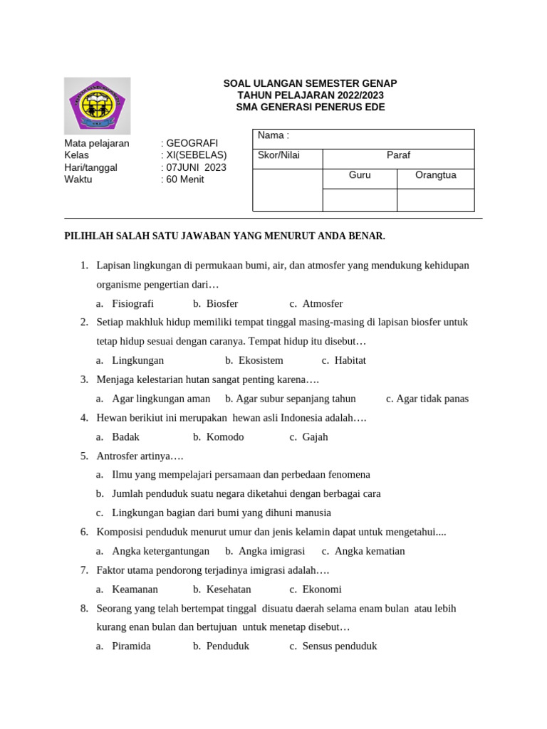 SOAL UAS Geografi kelas XI | PDF