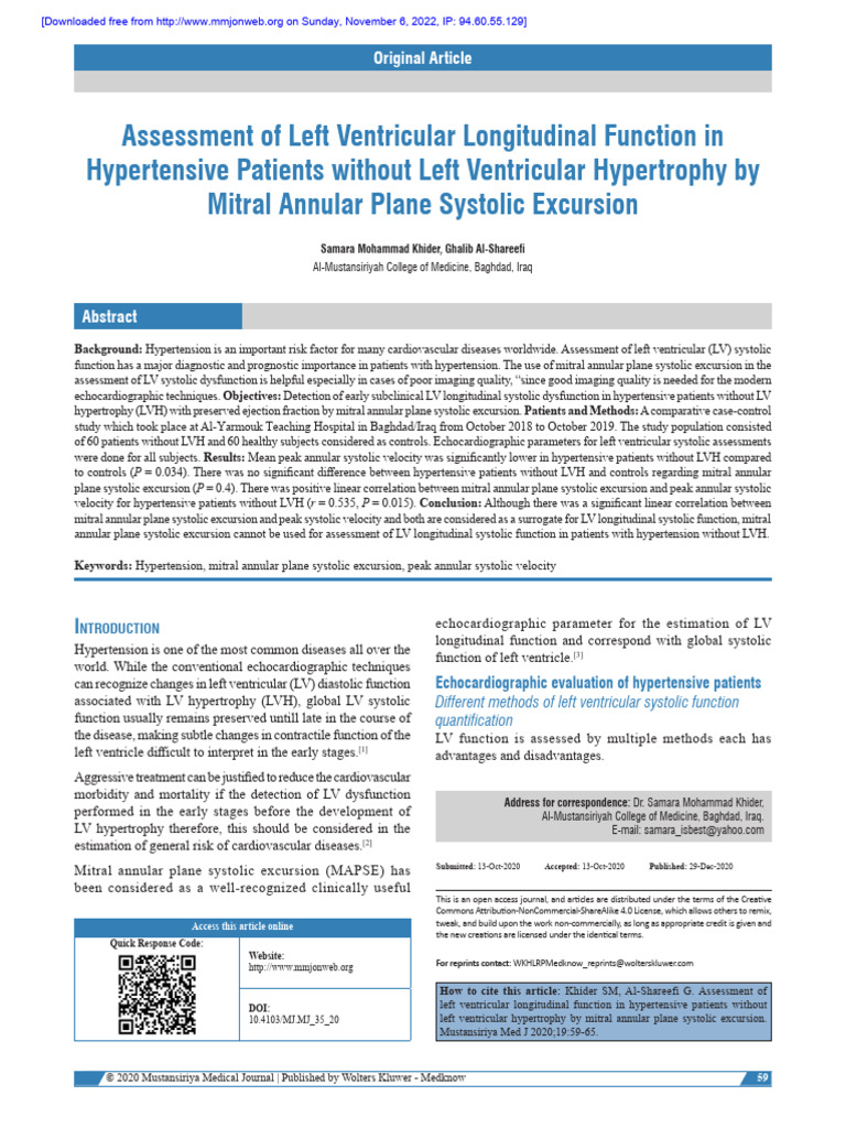 Assessment of Left Ventricular Longitudinal Function in Hypertensive Patients Without Left ...