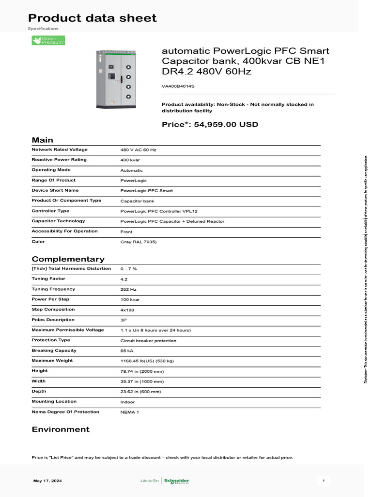 Schneider Electric - PowerLogic-PFC-Capacitor-Banks-UL-CSA - VA400B4014S | PDF | Capacitor ...