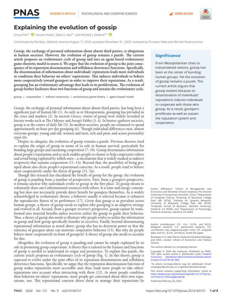 Evolutionary Cycle of Gossip | PDF | Cooperation | Reputation