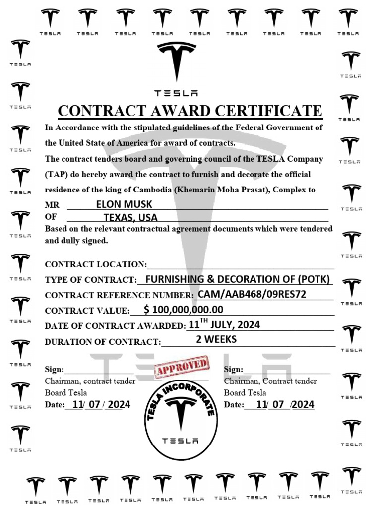 Tesla Contract Award for Cambodia Project | PDF