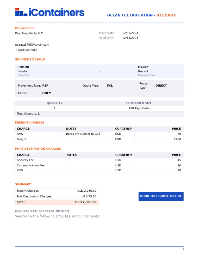 Prepared For: Ocean FCL Quotation | PDF | Cargo | Fee