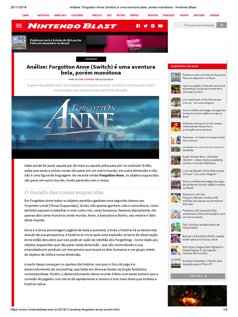 Análise de Forgotton Anne no Switch | PDF | Nintendo | A Lenda de Zelda