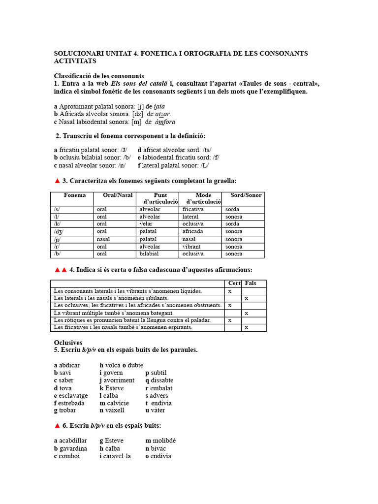 U. 4 Solucionari Fonetica I Ortografia de Les Consonants | PDF