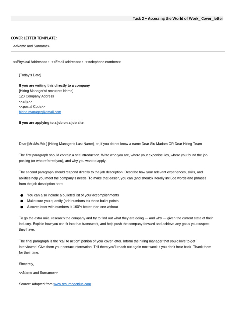 Task2 Accessing The World of Work Cover Letter Template | PDF