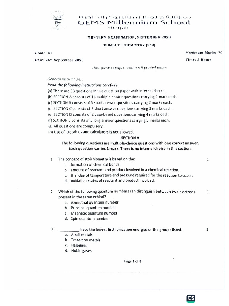 GMS Xi Chem Mid Term 2023 | PDF