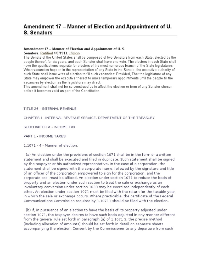 Amendment 17 - Manner of Election and Appointment of U. S. Senators ...
