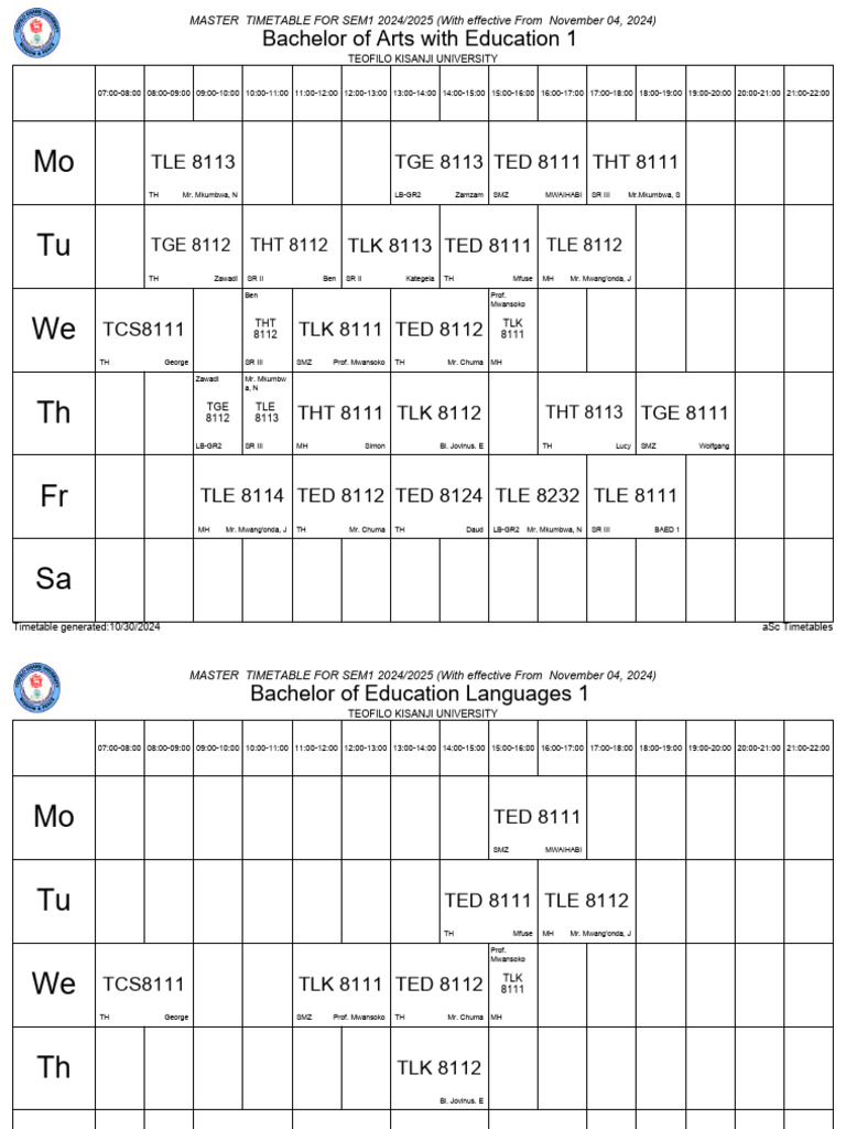 Master-TimeTable For Each Class-1 | PDF | Academic Degree