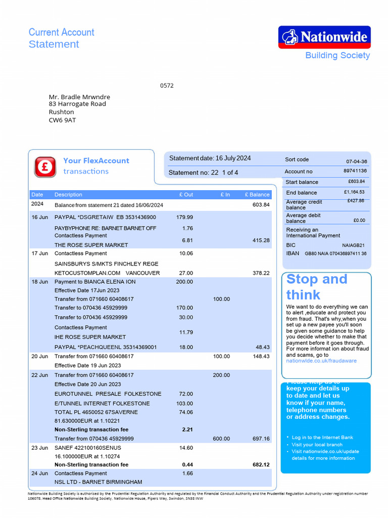 721166910 UK Nationwide Bank Statement (2) | PDF | Overdraft | Interest