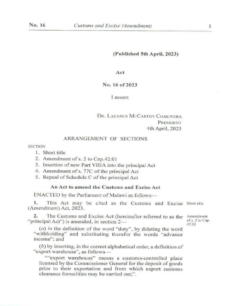 Act No. 16 of 2023 Customs and Excise (Amendment) | PDF
