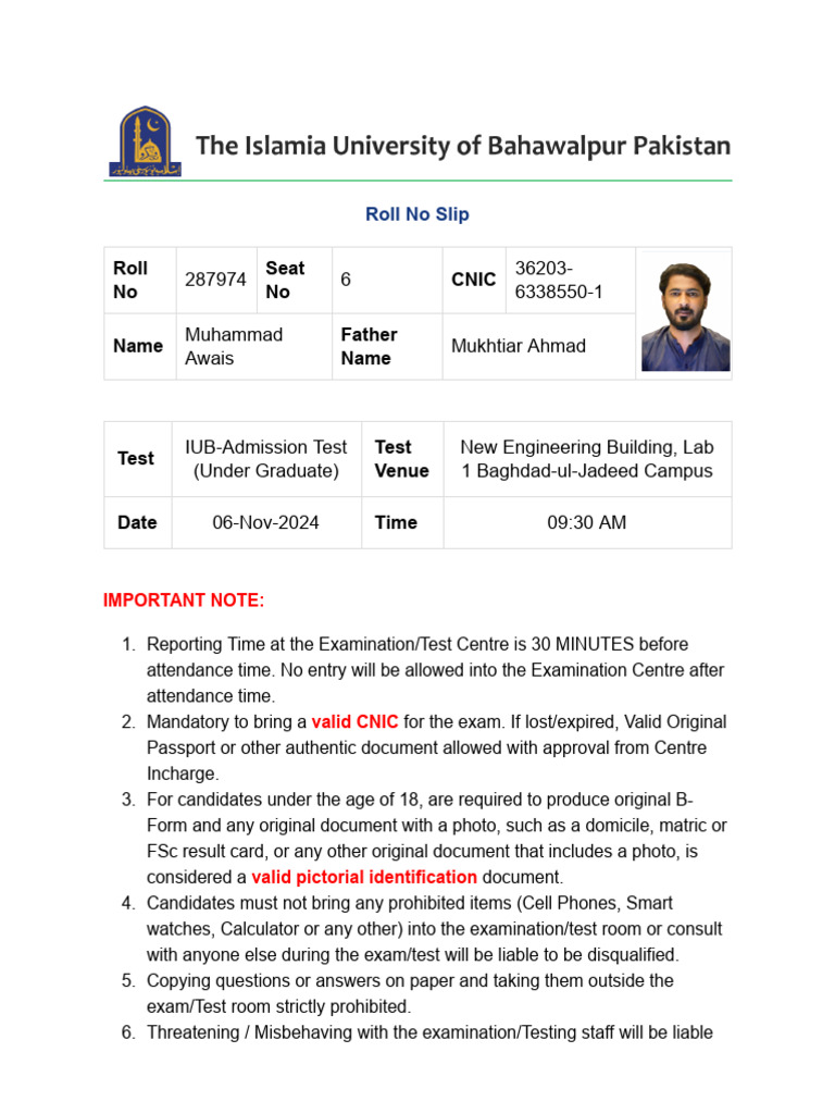 Https:/eportal Iub Edu Pk/tests/std/students/slip/385 | PDF