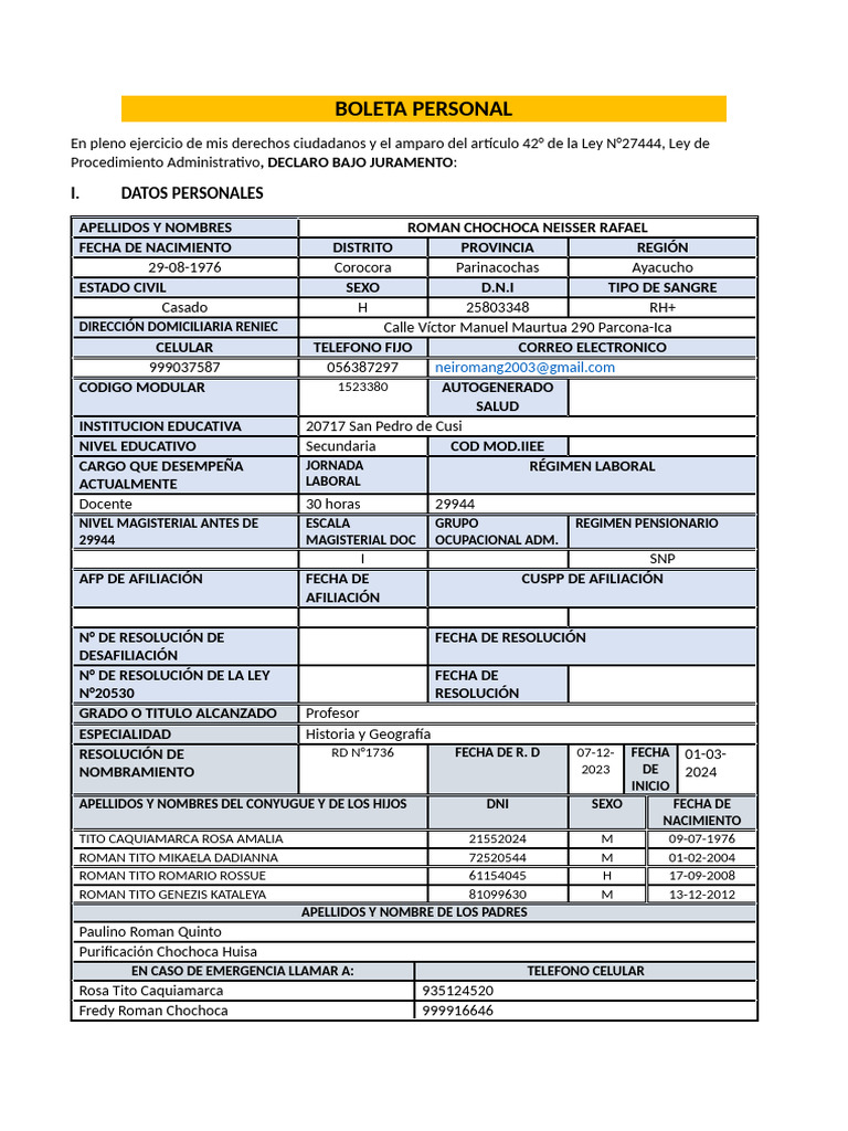 Boleta Personal | PDF | Maestros | Plan de estudios