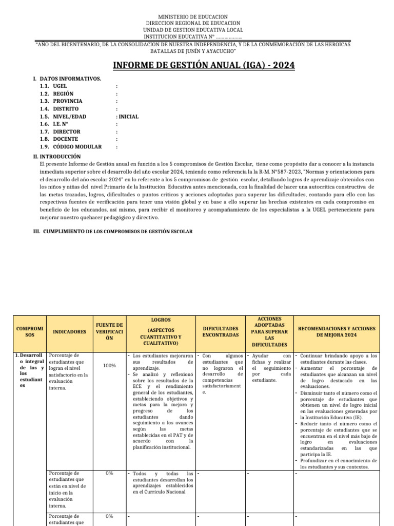 Informe de Gestión Anual (Iga) | PDF | Enseñando | Evaluación