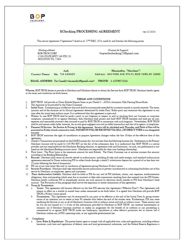 Echecking Merchant Agreement For Tia Canady Clothing 27dec2024 | PDF ...