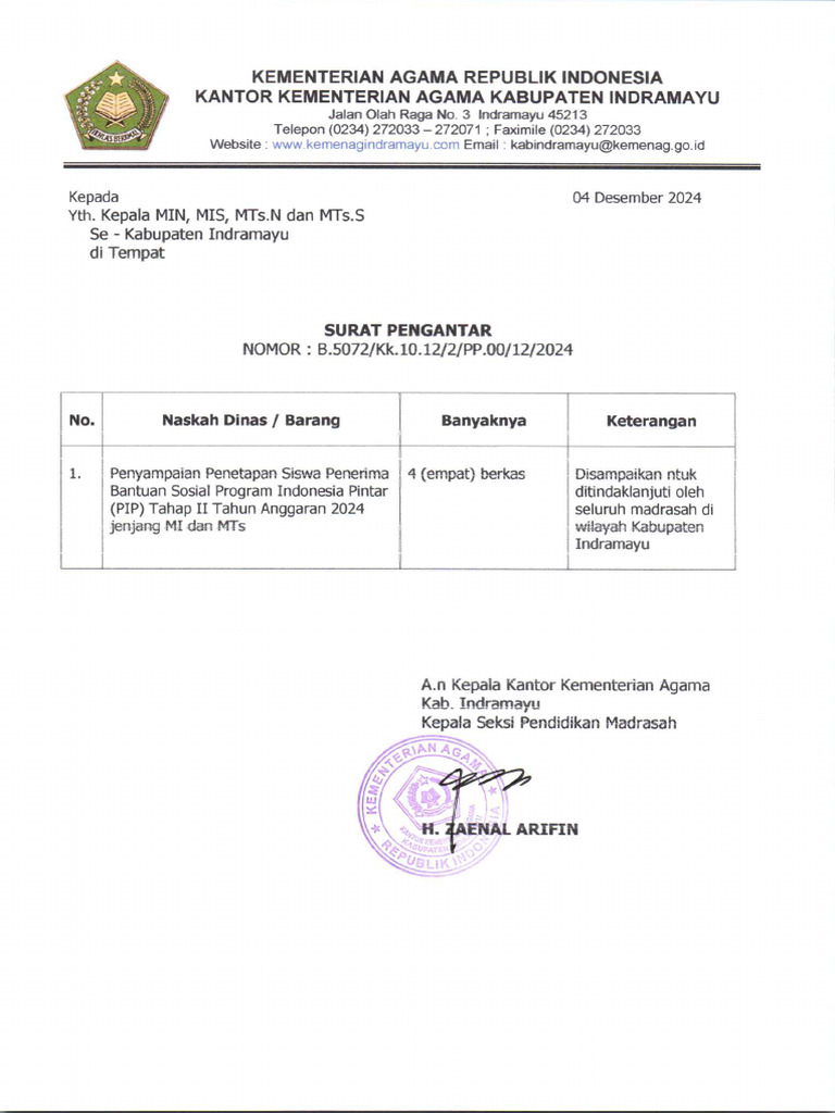 Pengantar SK PIP Tahap II Tahun 2024 MI-MTS | PDF