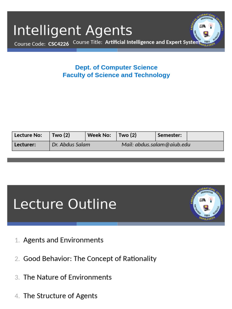 AI Lecture 02 (Intelligent Agent) | PDF | Rationality | Cognitive Science