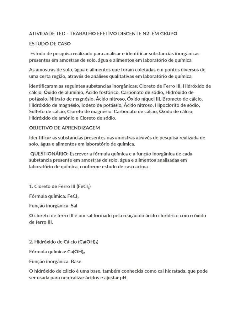 Atividade Ted - Trabalho Efetivo Discente N2 em Grupo | PDF | Química Inorgânica | Cálcio