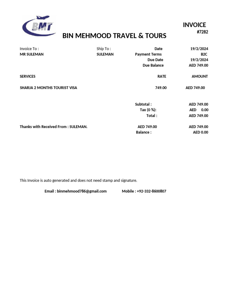 Invoice for Suleman's Visa | PDF