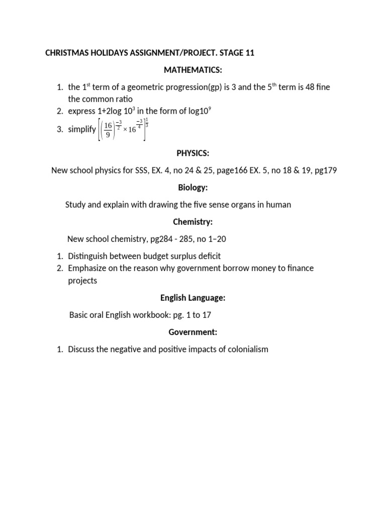 Christmas Holidays Assignment Stage 11 | PDF