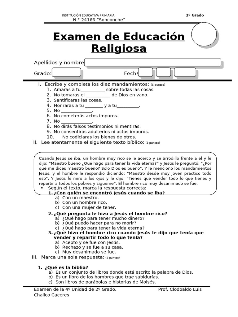 Exa de Educ. Religiosa 4° Uni | PDF | Biblia | Jesús