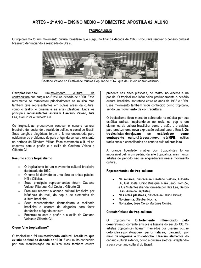 2º Ano - 3ºbimestre - Apost 01 - Tropicalismo - Aluno | PDF