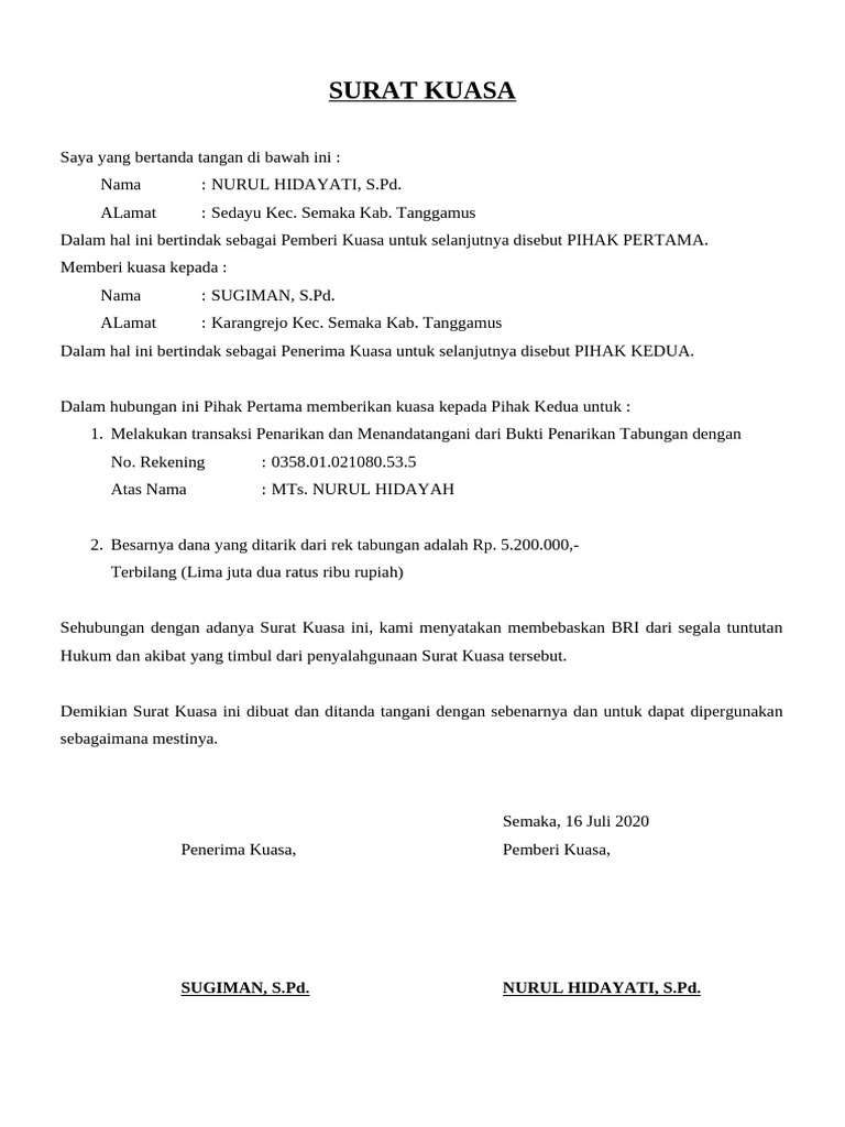 SURAT KUASA Penarikan BRI | PDF