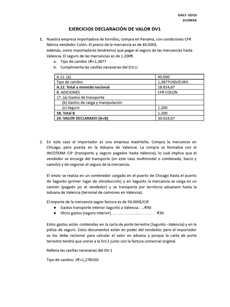 Ejercicios Declaración de Valor DV1 | PDF | Tipo de cambio | El comercio internacional